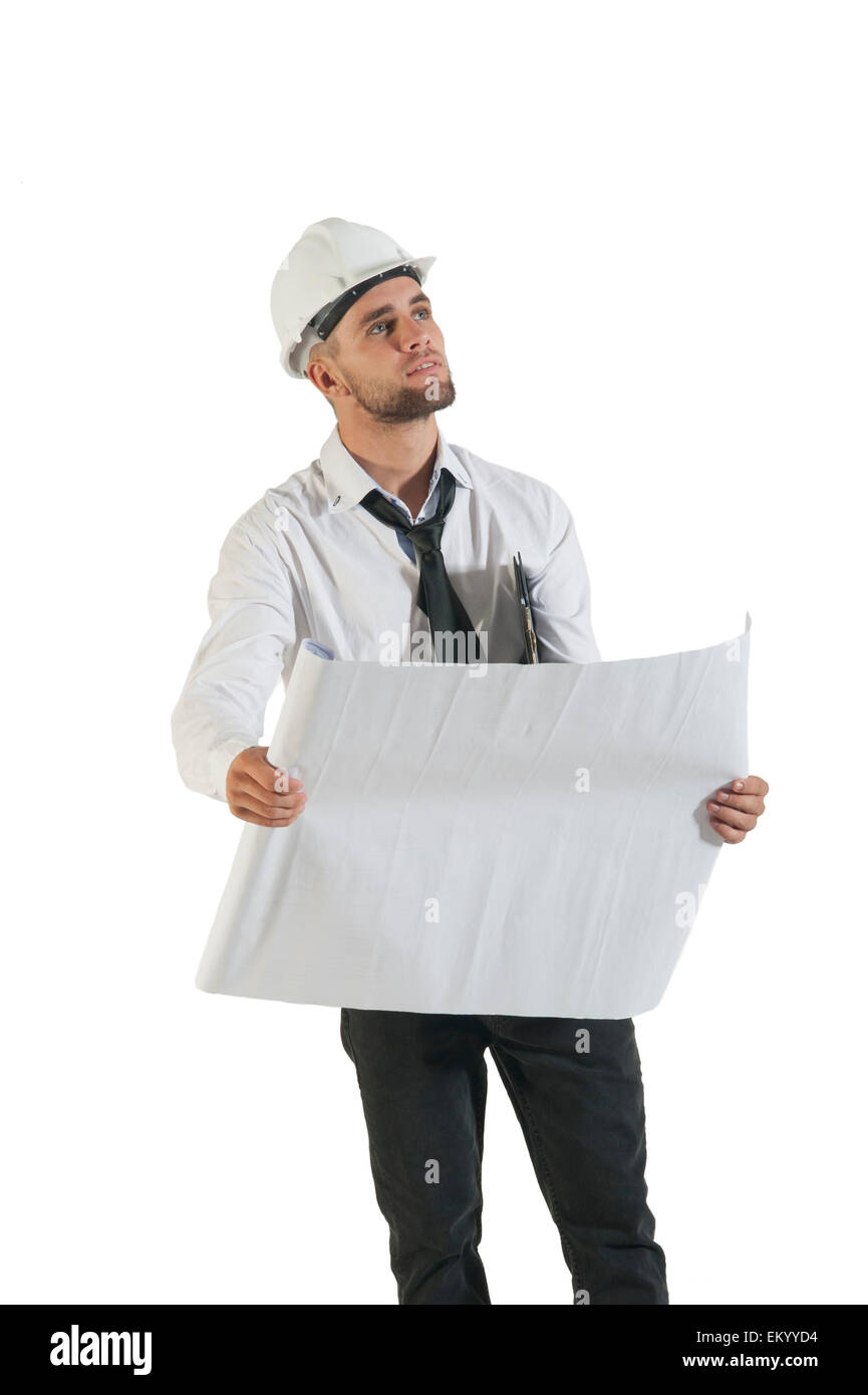 Young handsome construction worker with design plans isolated on white ...
