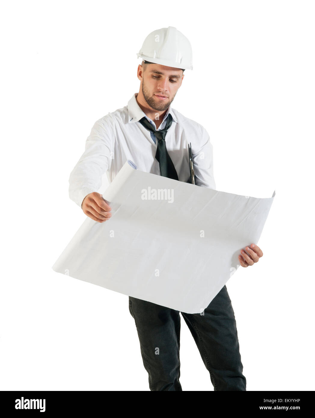 Young handsome construction worker with design plans isolated on white ...