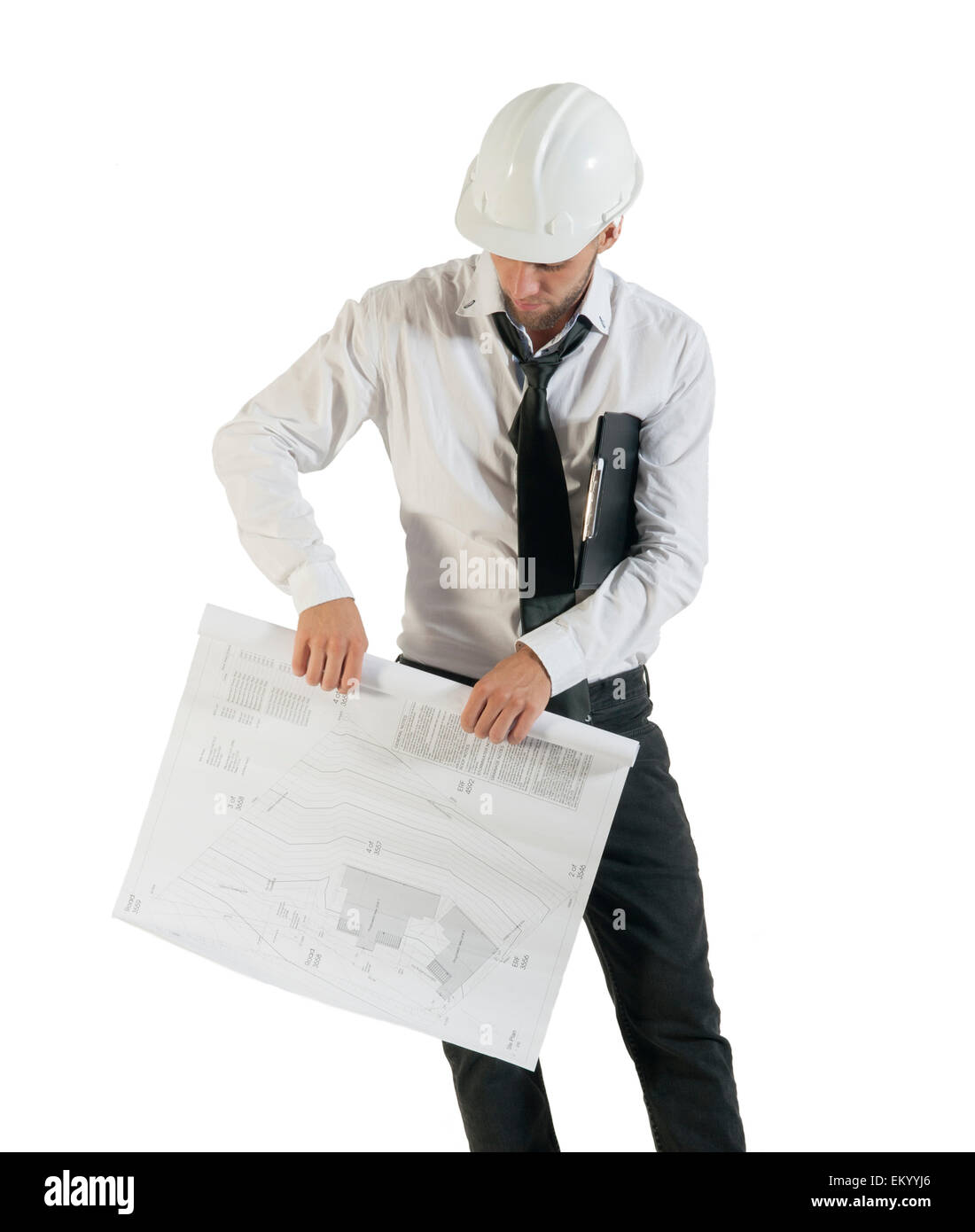 Young handsome construction worker with design plans isolated on white ...