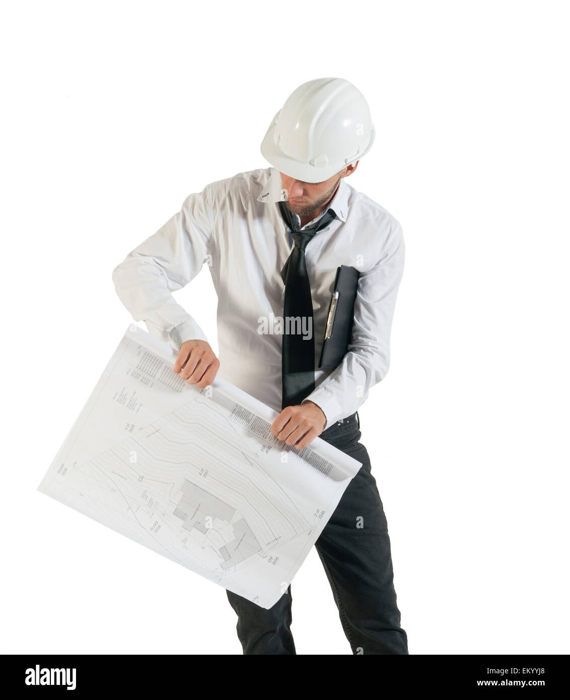 Young handsome construction worker with design plans isolated on white ...