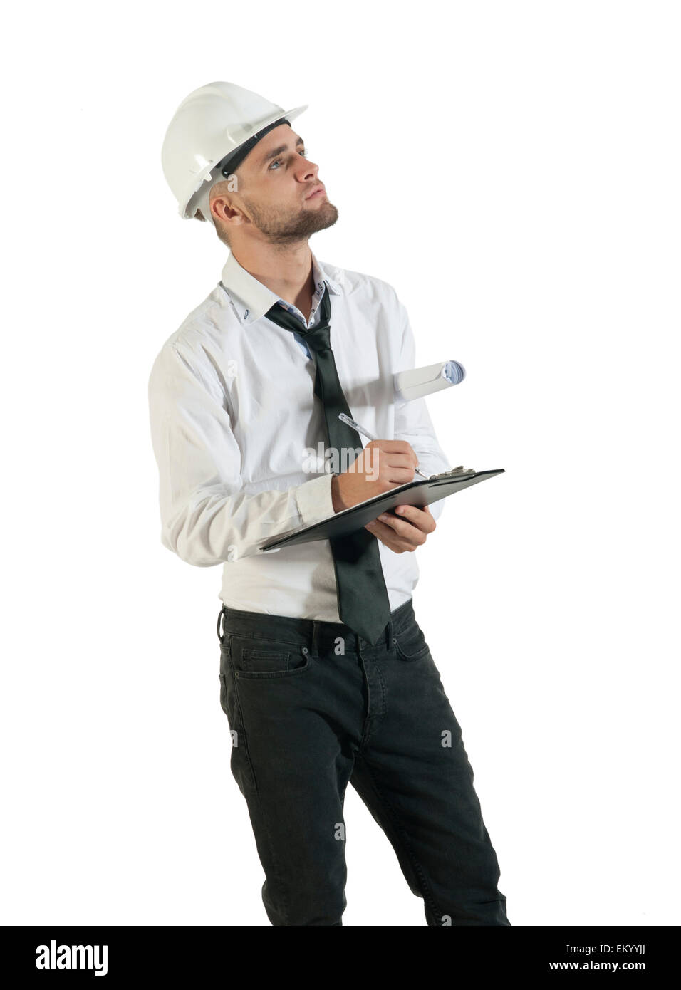 Young handsome construction worker with design plans isolated on white ...