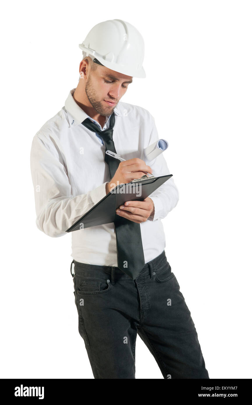 Young handsome construction worker with design plans isolated on white ...