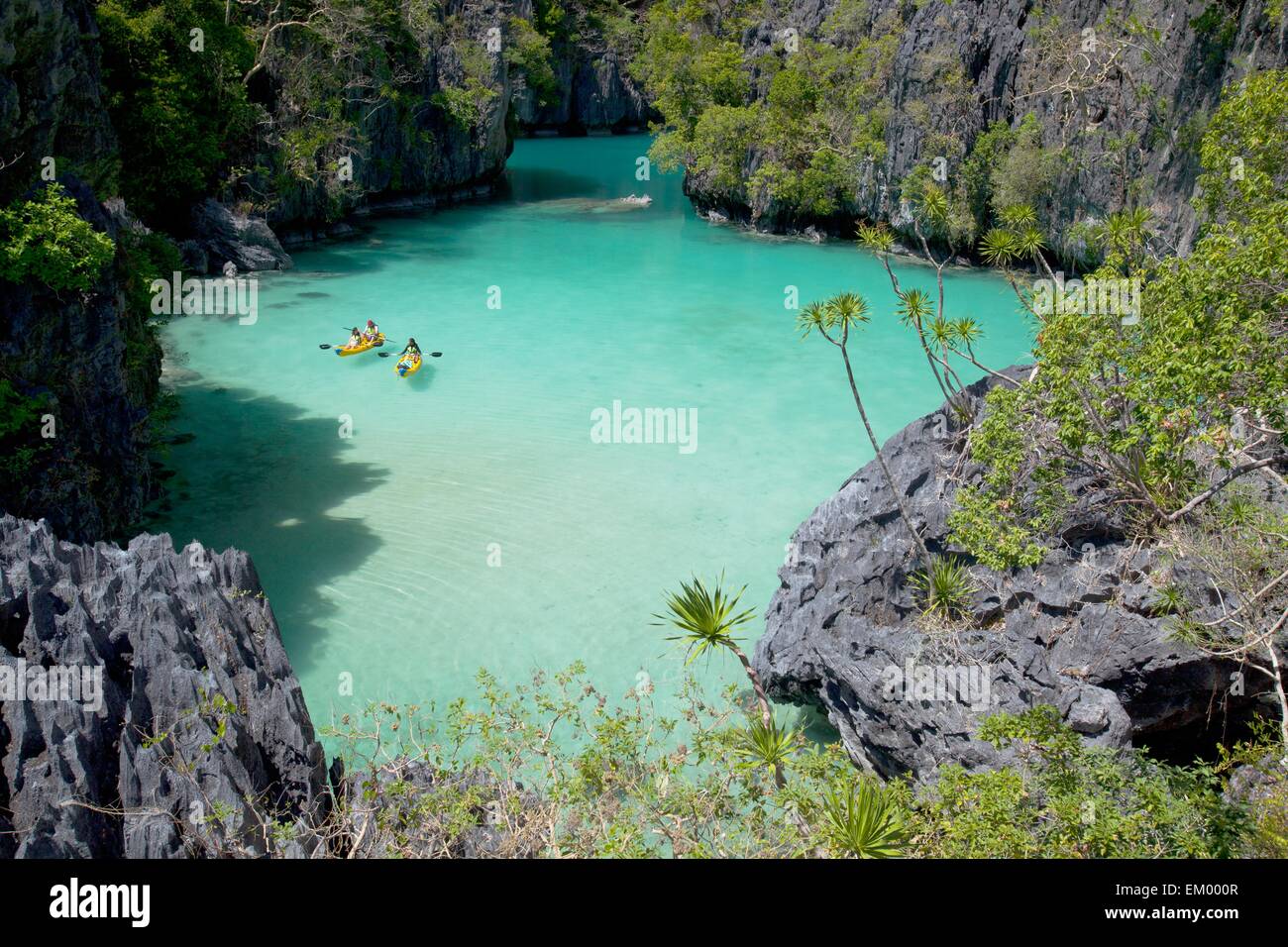 Tourists Kayak Inside The Scenic Small Lagoon On Miniloc Island, Near ...