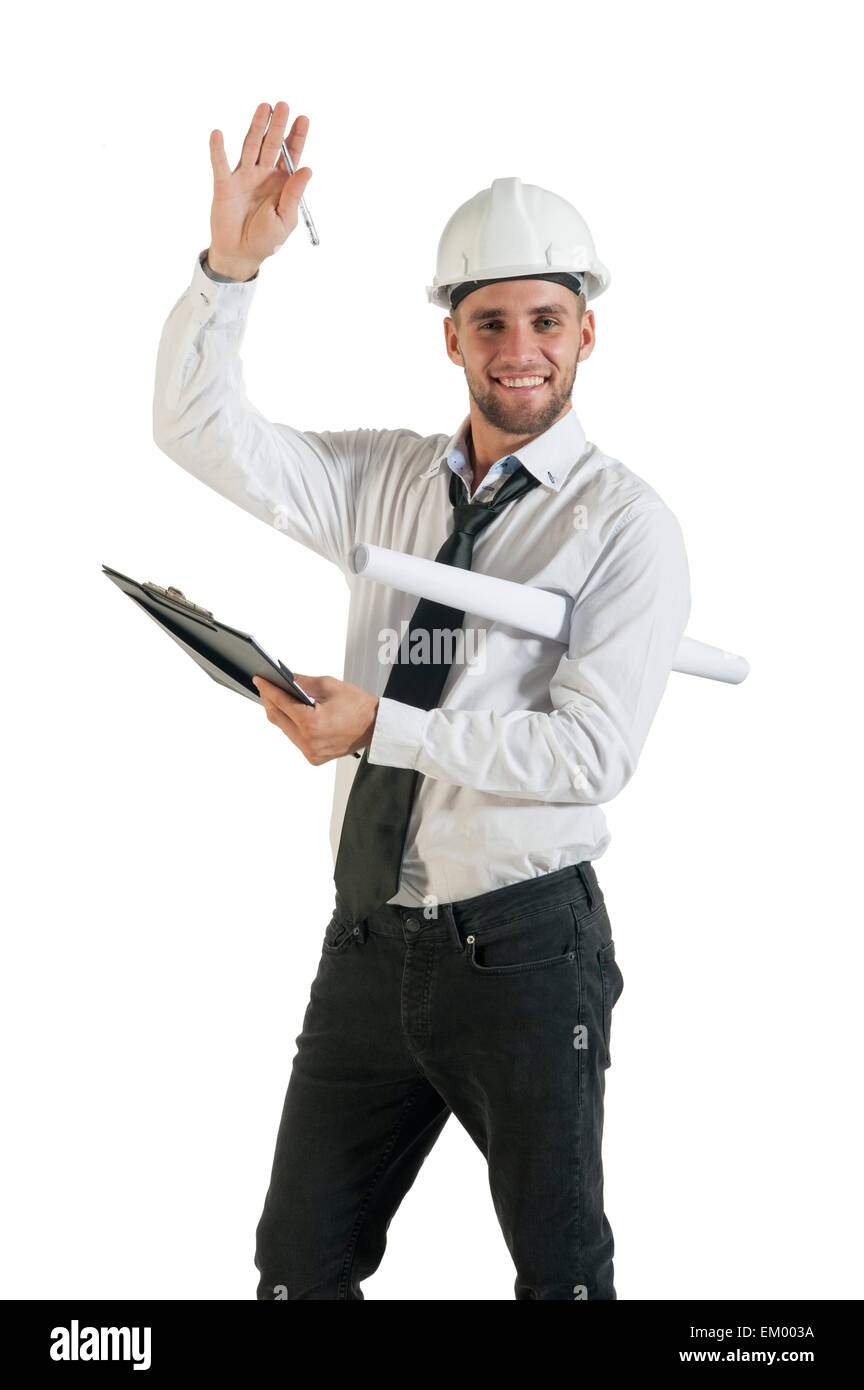 Young handsome construction worker with design plans isolated on white ...