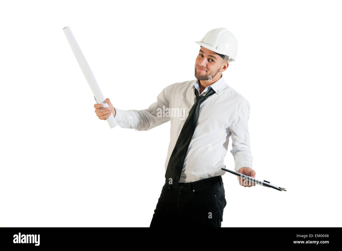 Young handsome construction worker with design plans isolated on white ...
