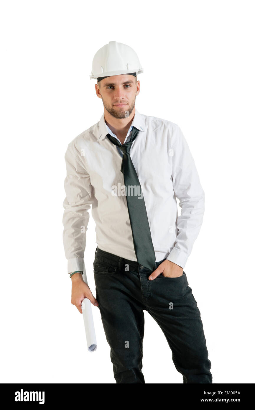 Young handsome construction worker with design plans isolated on white ...