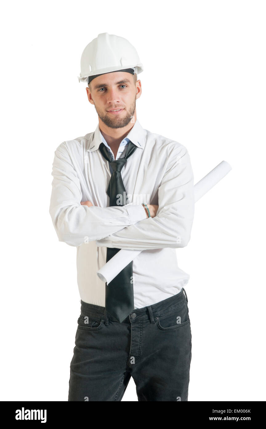 Young handsome construction worker with design plans isolated on white ...