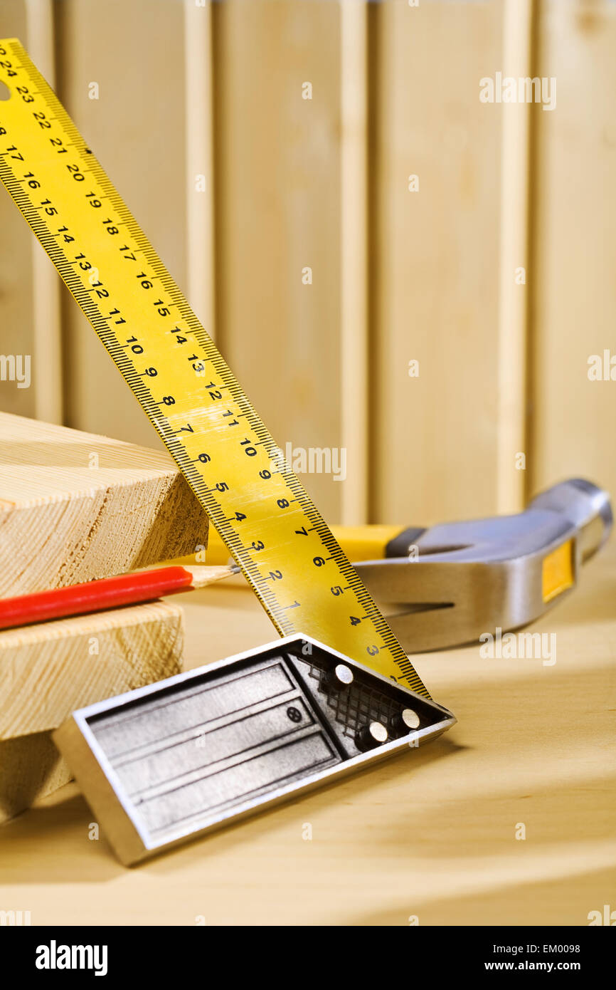 tools on wooden table Stock Photo - Alamy