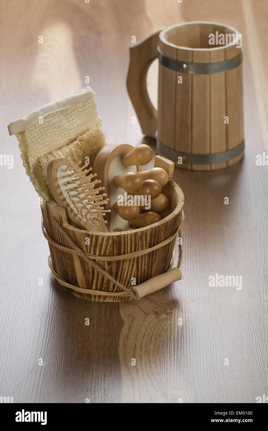 wooden mug with bucket Stock Photo - Alamy