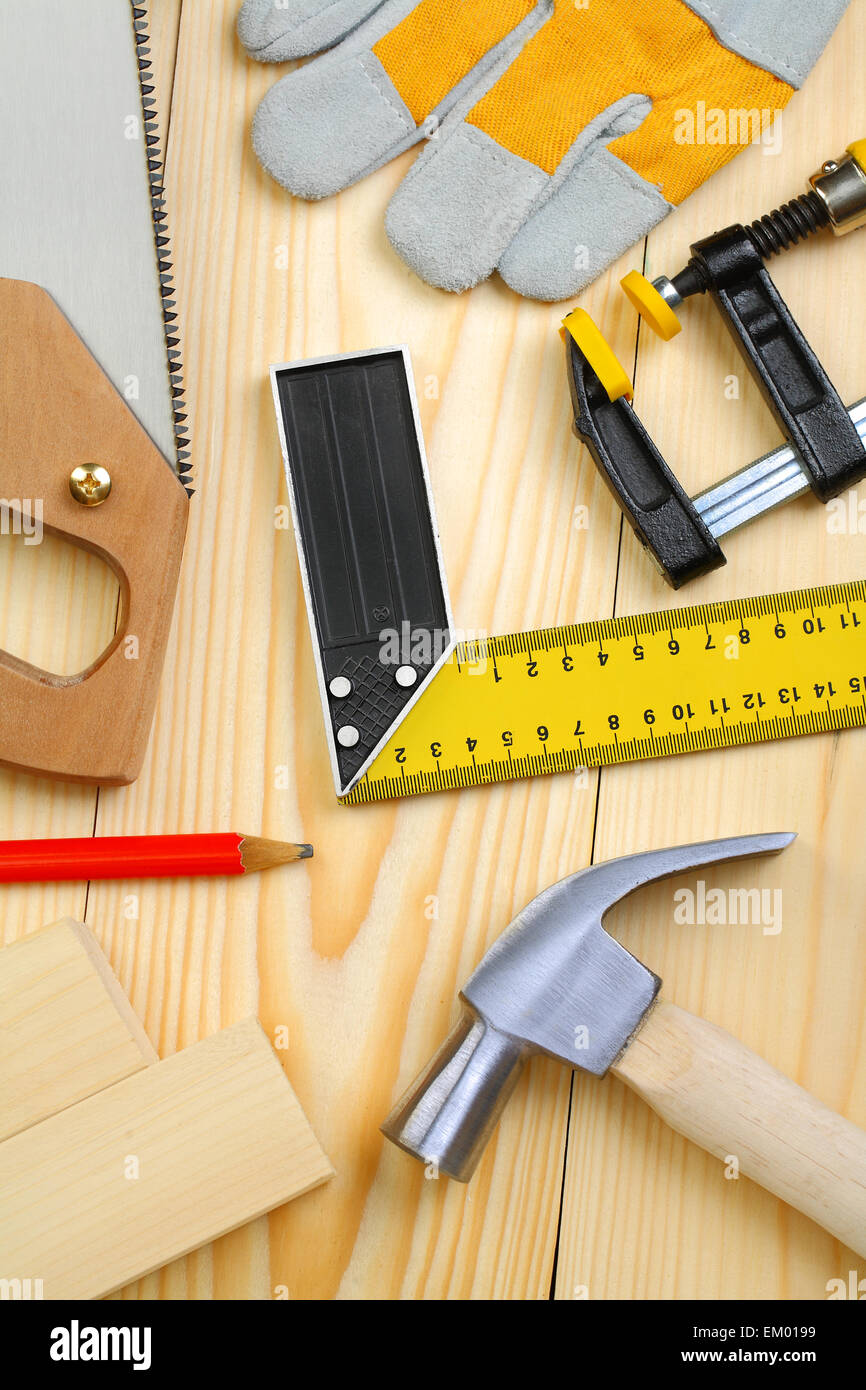 set of carpentry tools on wooden planks Stock Photo - Alamy