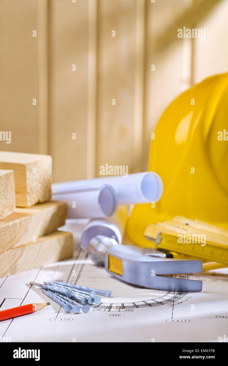 tools with blueprints on table Stock Photo - Alamy