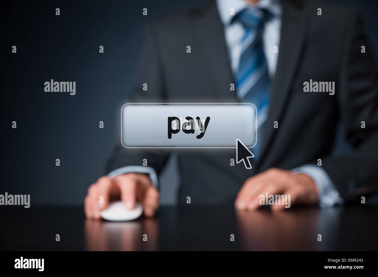 Pay concept - man with virtual computer mouse and button pay ...