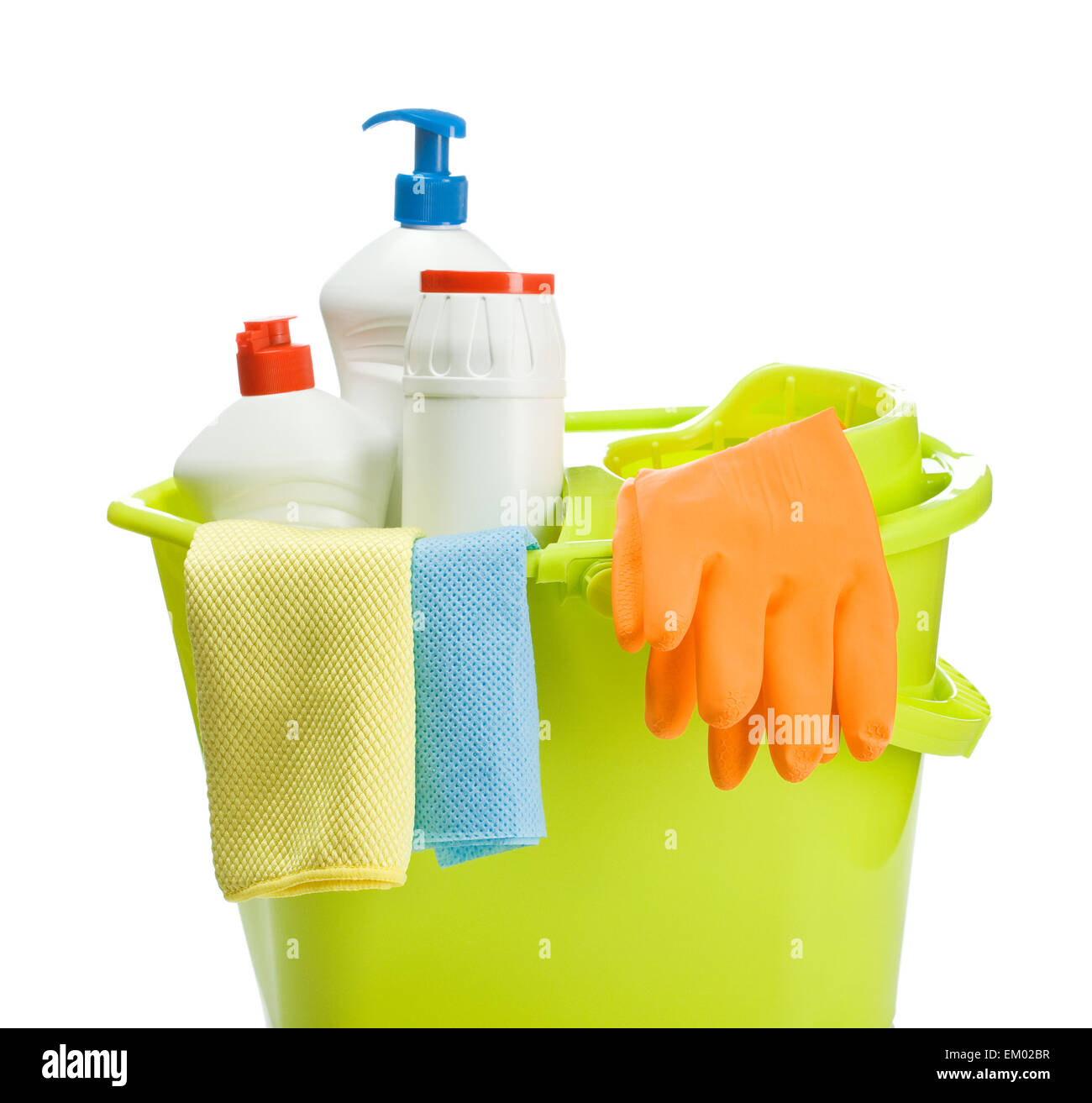 bucket with cleaners supplies Stock Photo - Alamy