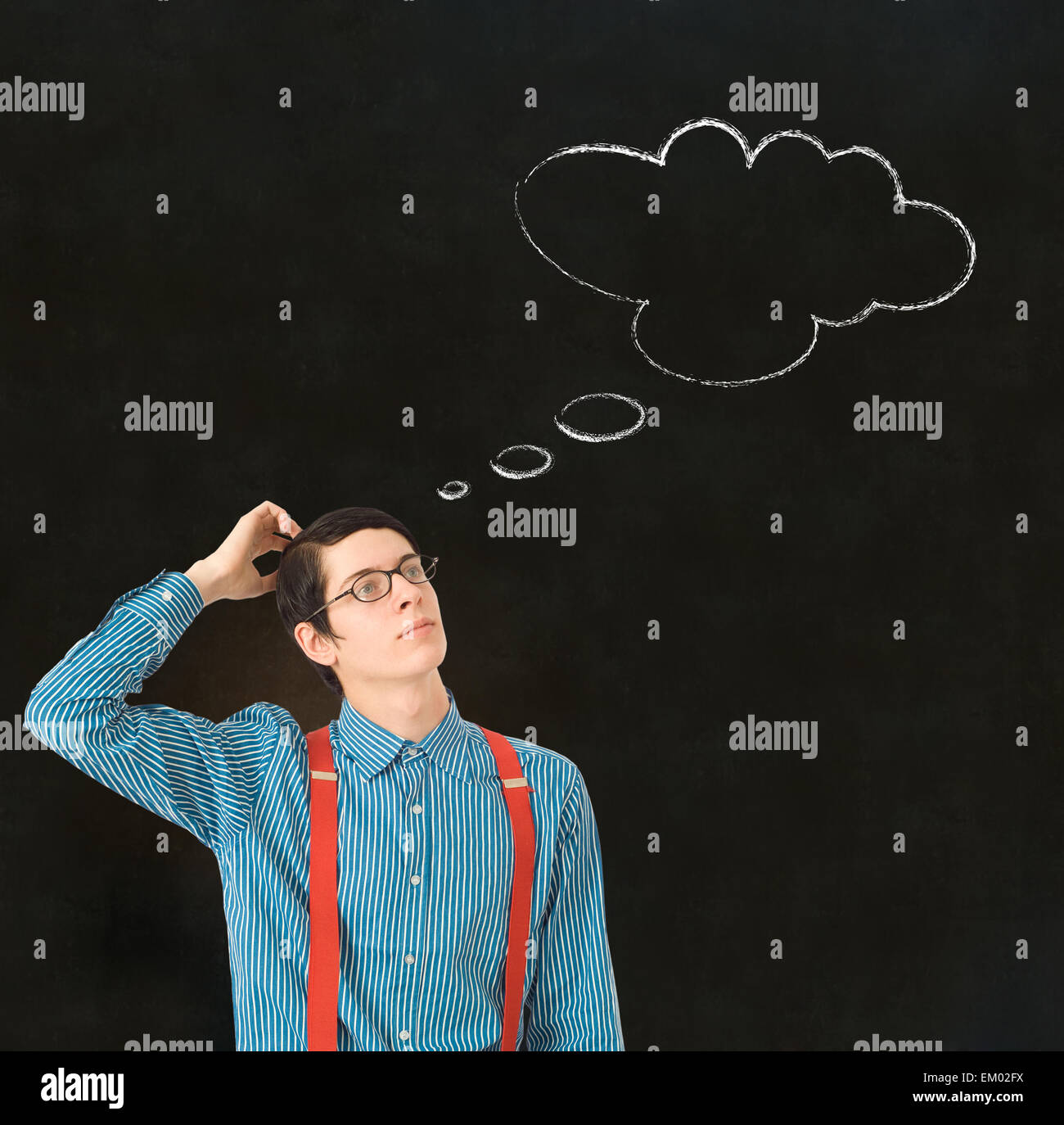 Nerd geek businessman thinking chalk cloud blackboard background Stock ...