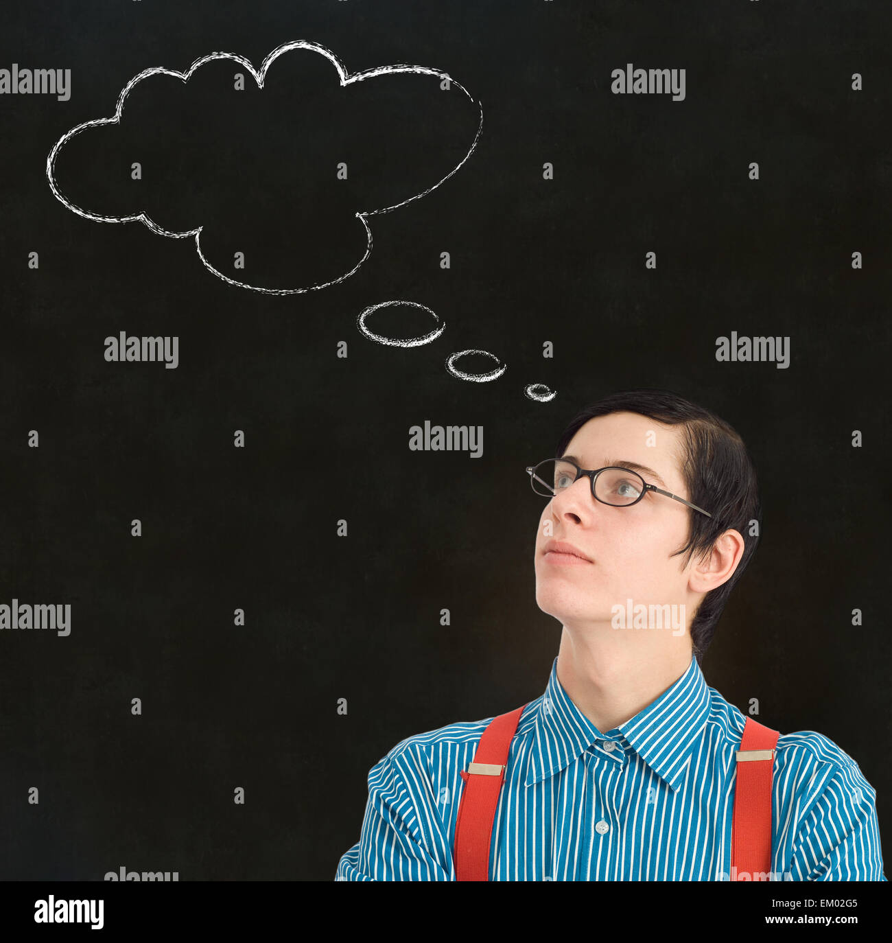 Nerd geek businessman thinking chalk cloud blackboard background Stock ...