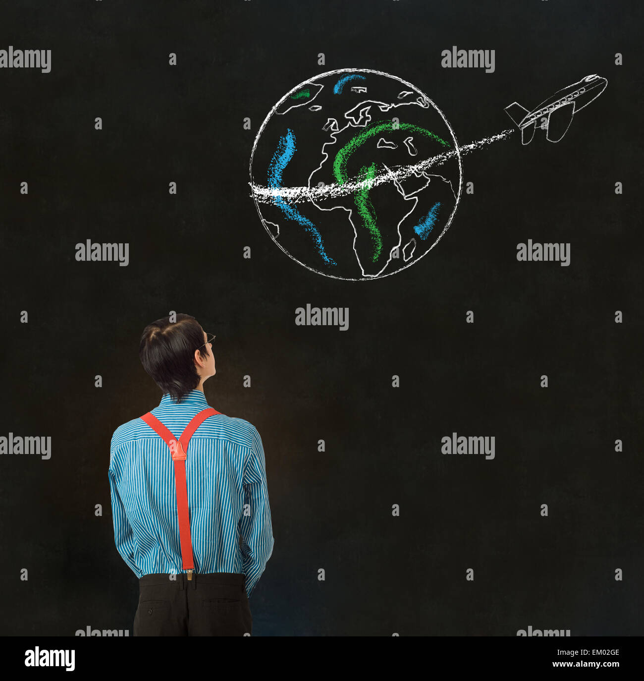 Nerd geek businessman chalk globe jet world travel Stock Photo - Alamy