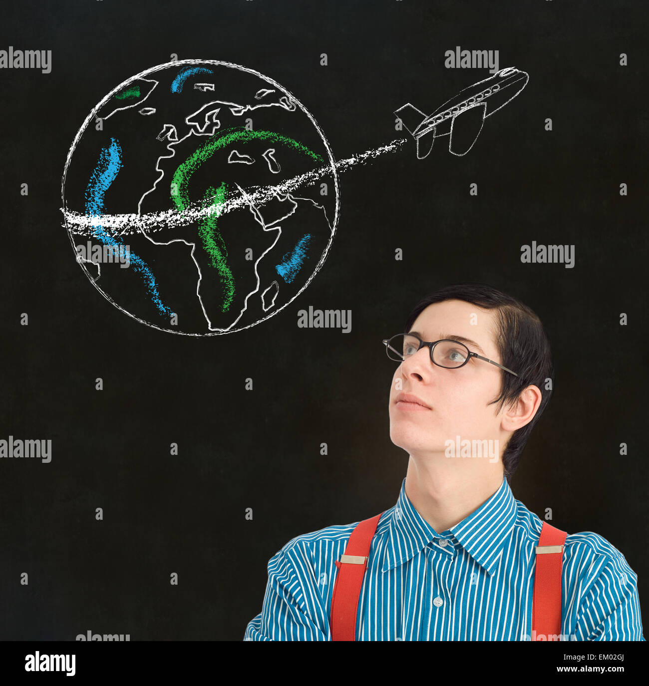 Nerd geek businessman chalk globe jet world travel Stock Photo - Alamy