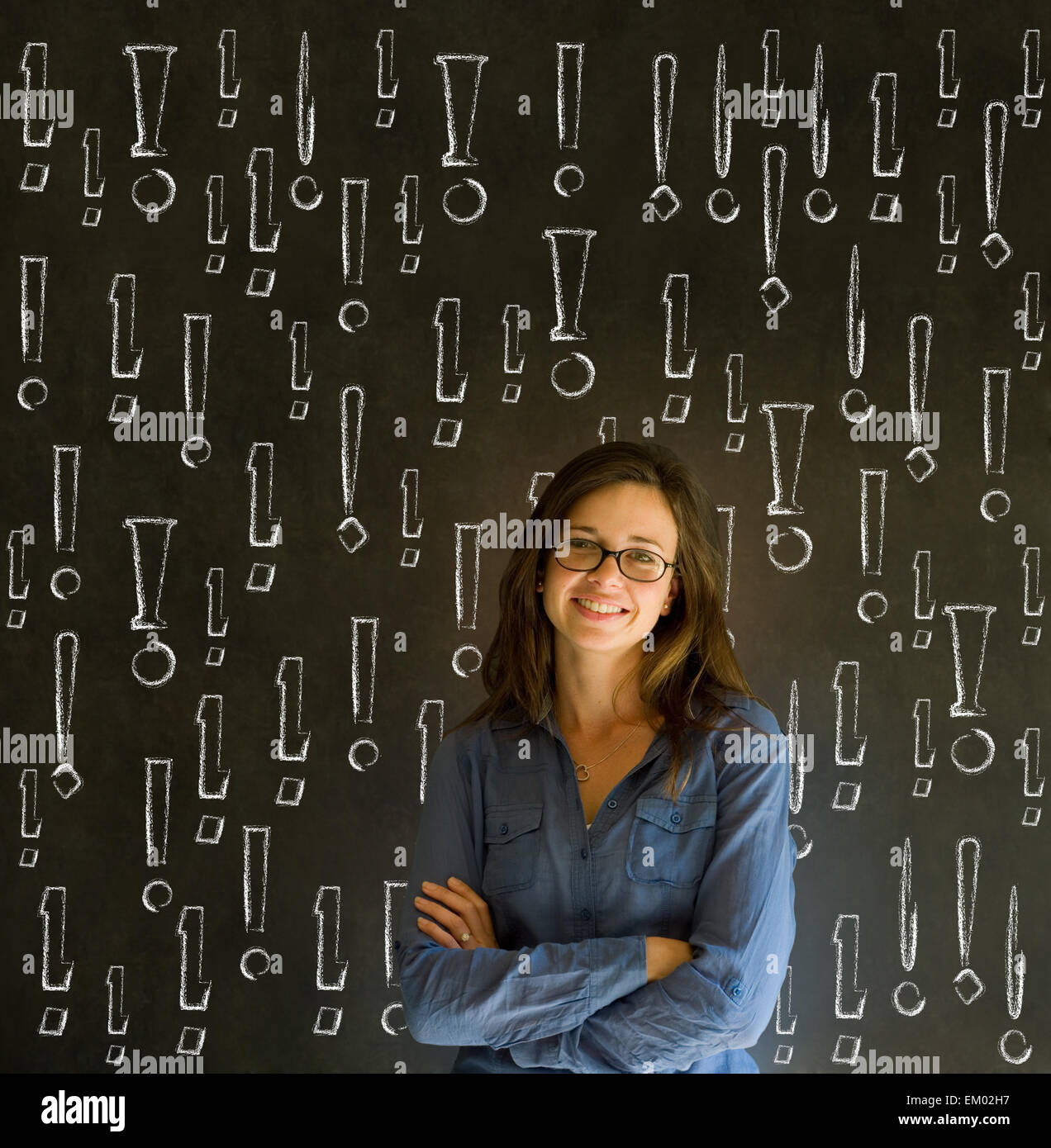 Businesswoman student teacher chalk exclamation marks Stock Photo - Alamy