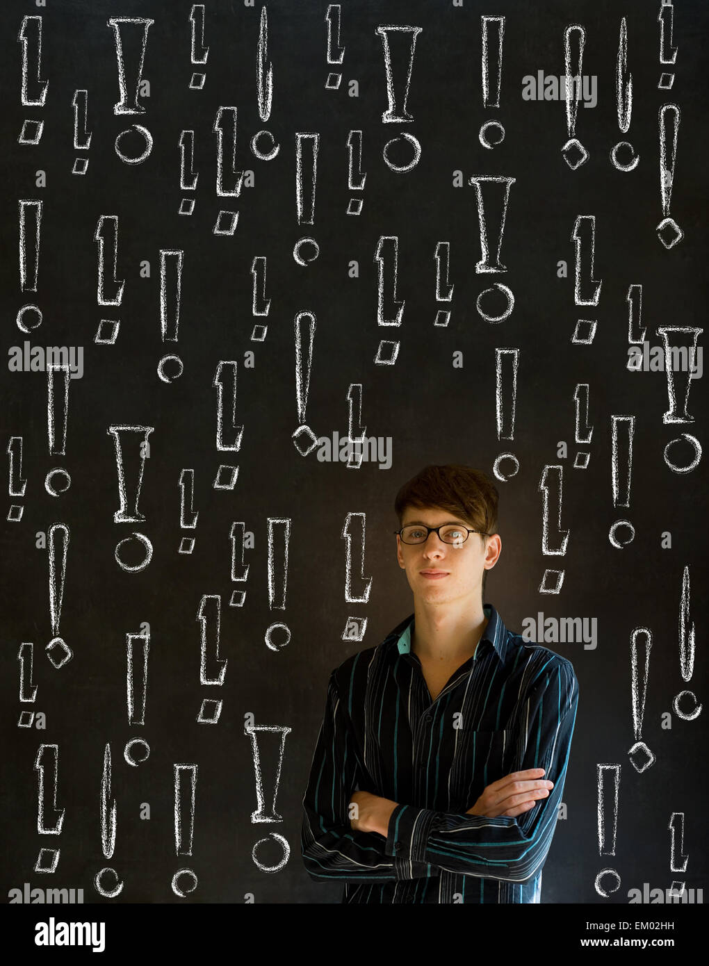 Businessman student teacher chalk exclamation marks Stock Photo - Alamy