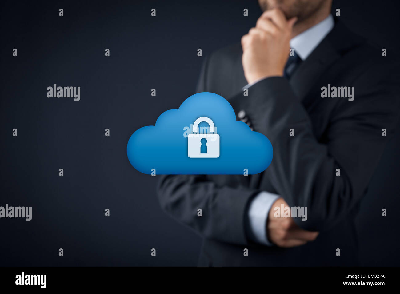 Cloud storage security concept. Safety data management specialist think ...
