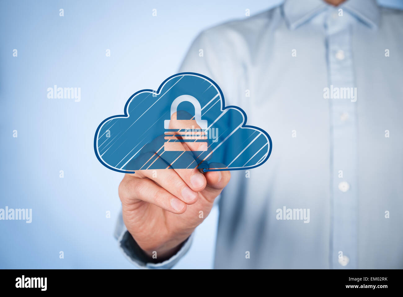 Cloud storage security concept. Safety data management specialist think ...