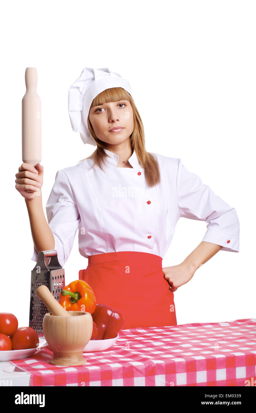 Attractive cook woman a over white background Stock Photo - Alamy