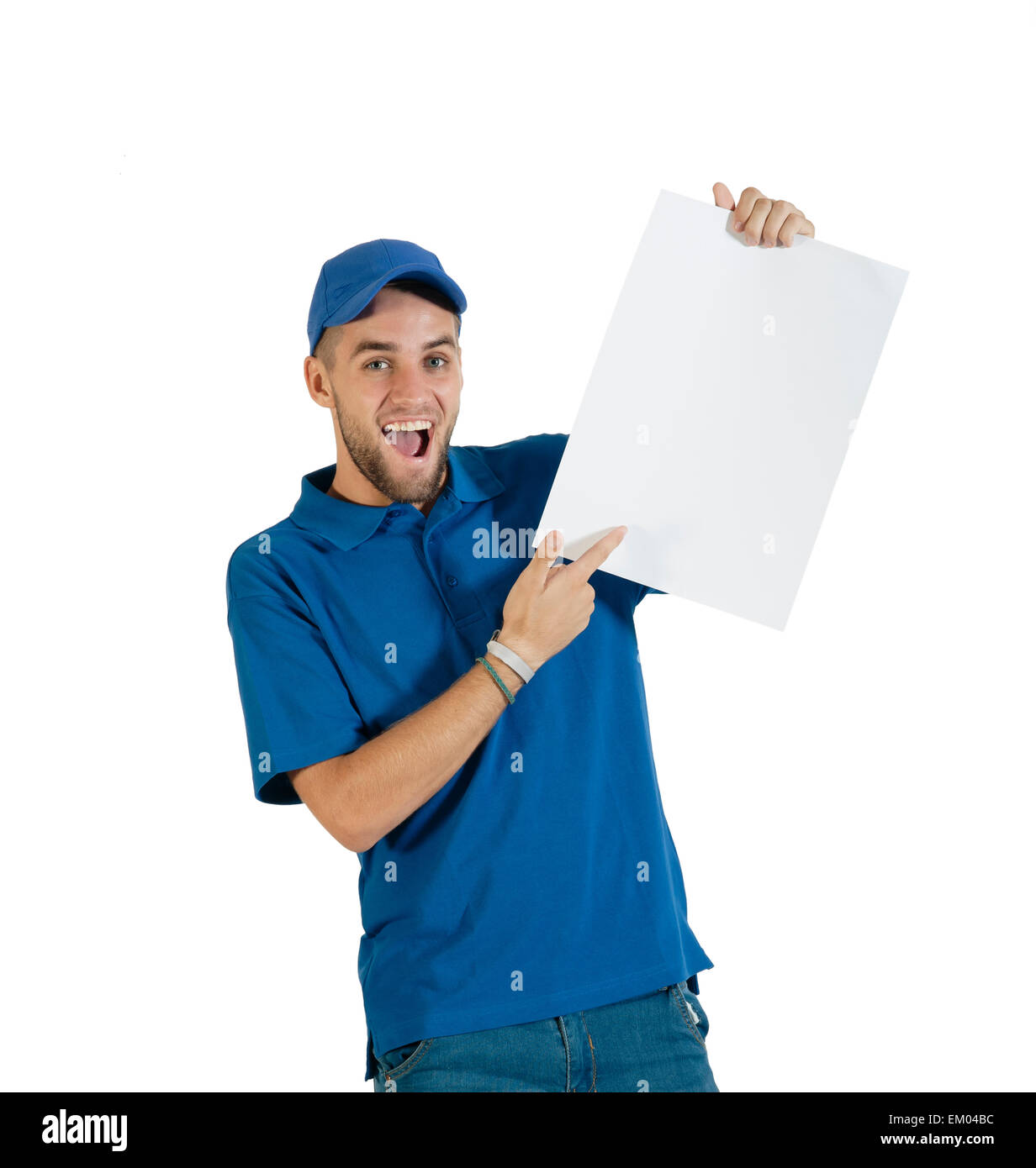 happy handsome employee holding up white notice board Stock Photo - Alamy