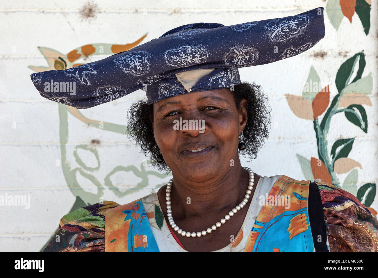 Local Herero woman wearing typical headdress and dress, portrait ...