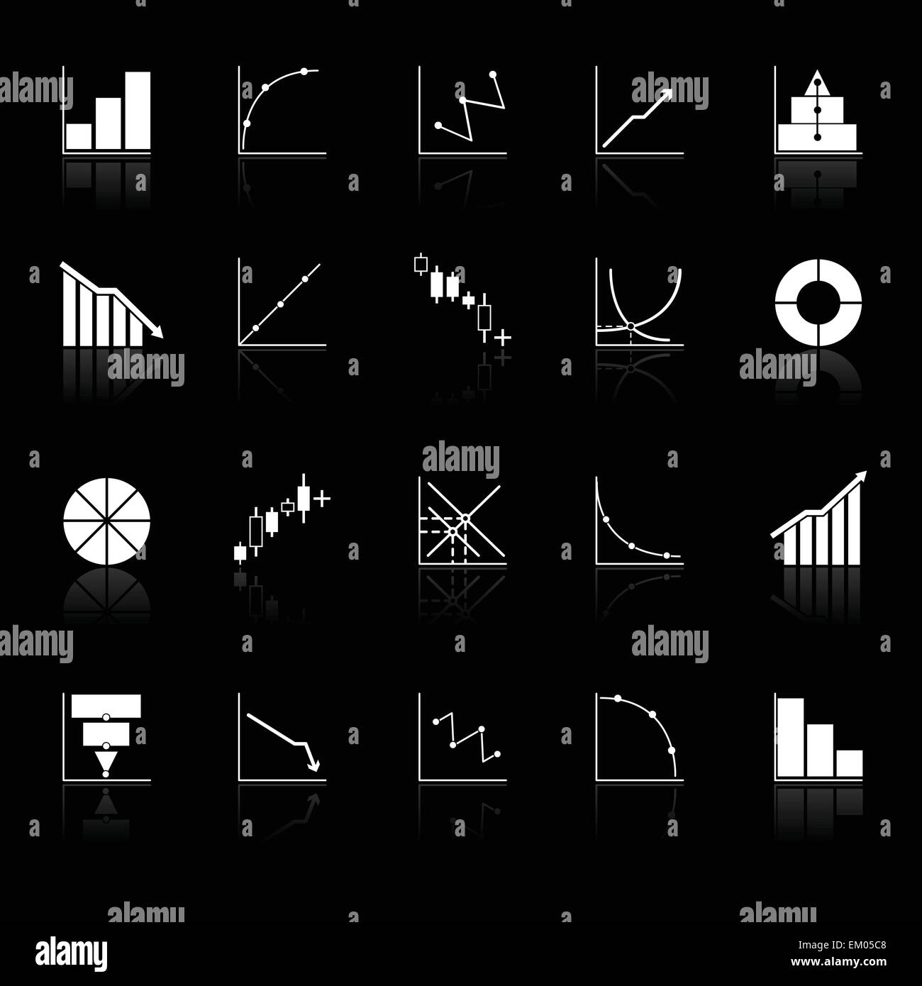 Diagram and graph icons with reflect on black background, stock vector ...