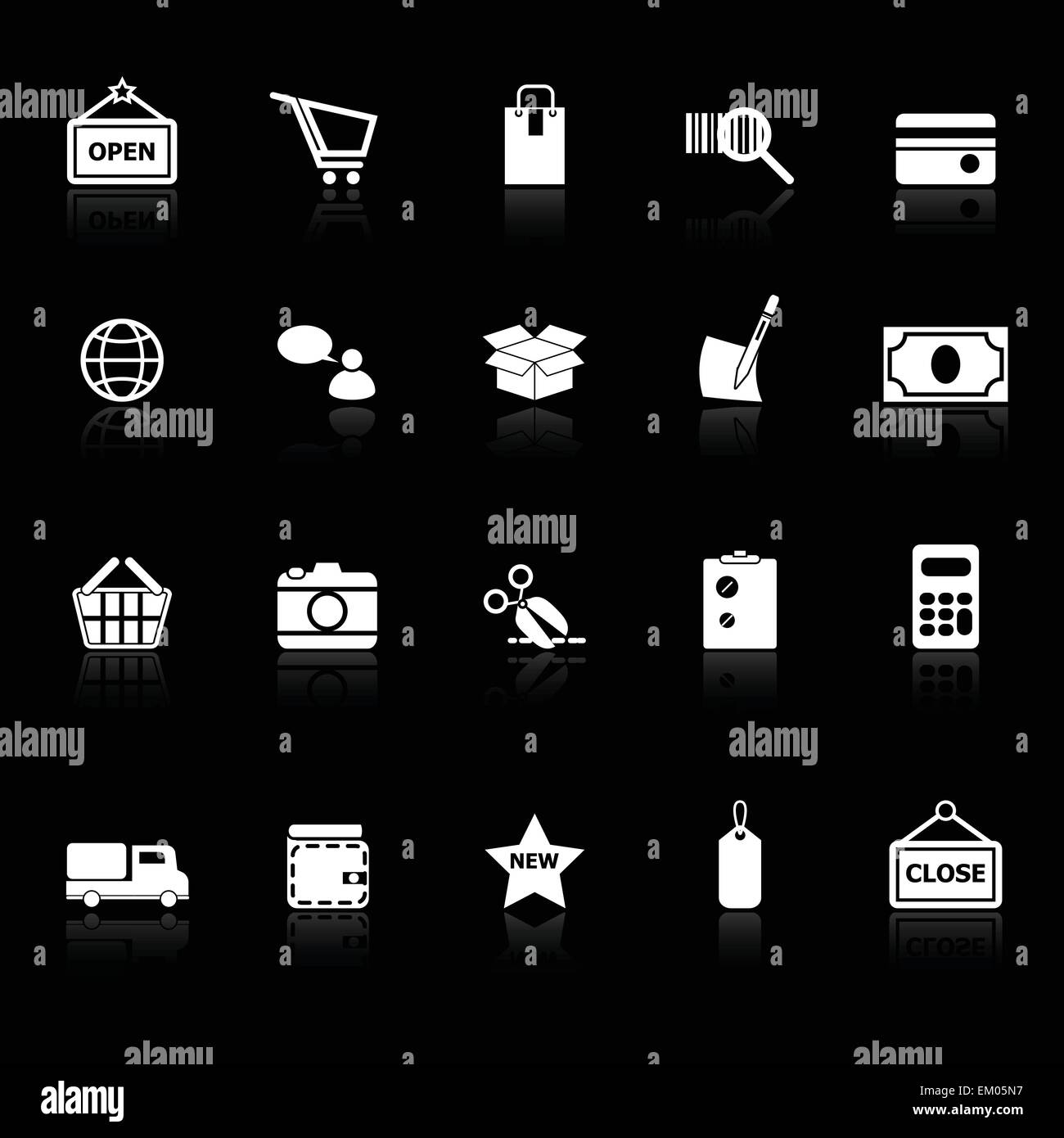 Shopping icons with reflect on black background, stock vector Stock ...