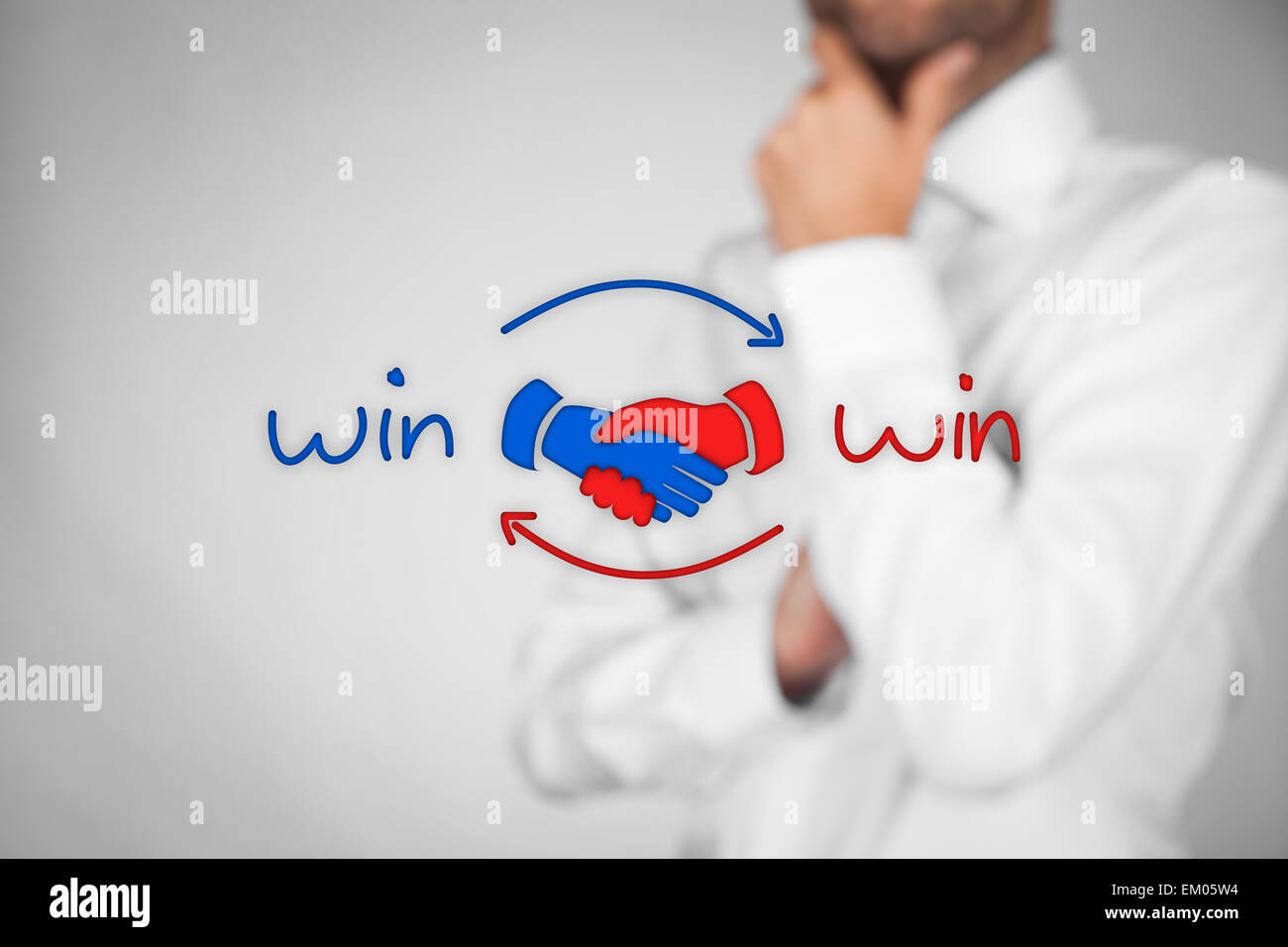 Win-win partnership strategy concept. Businessman think about drawn win ...