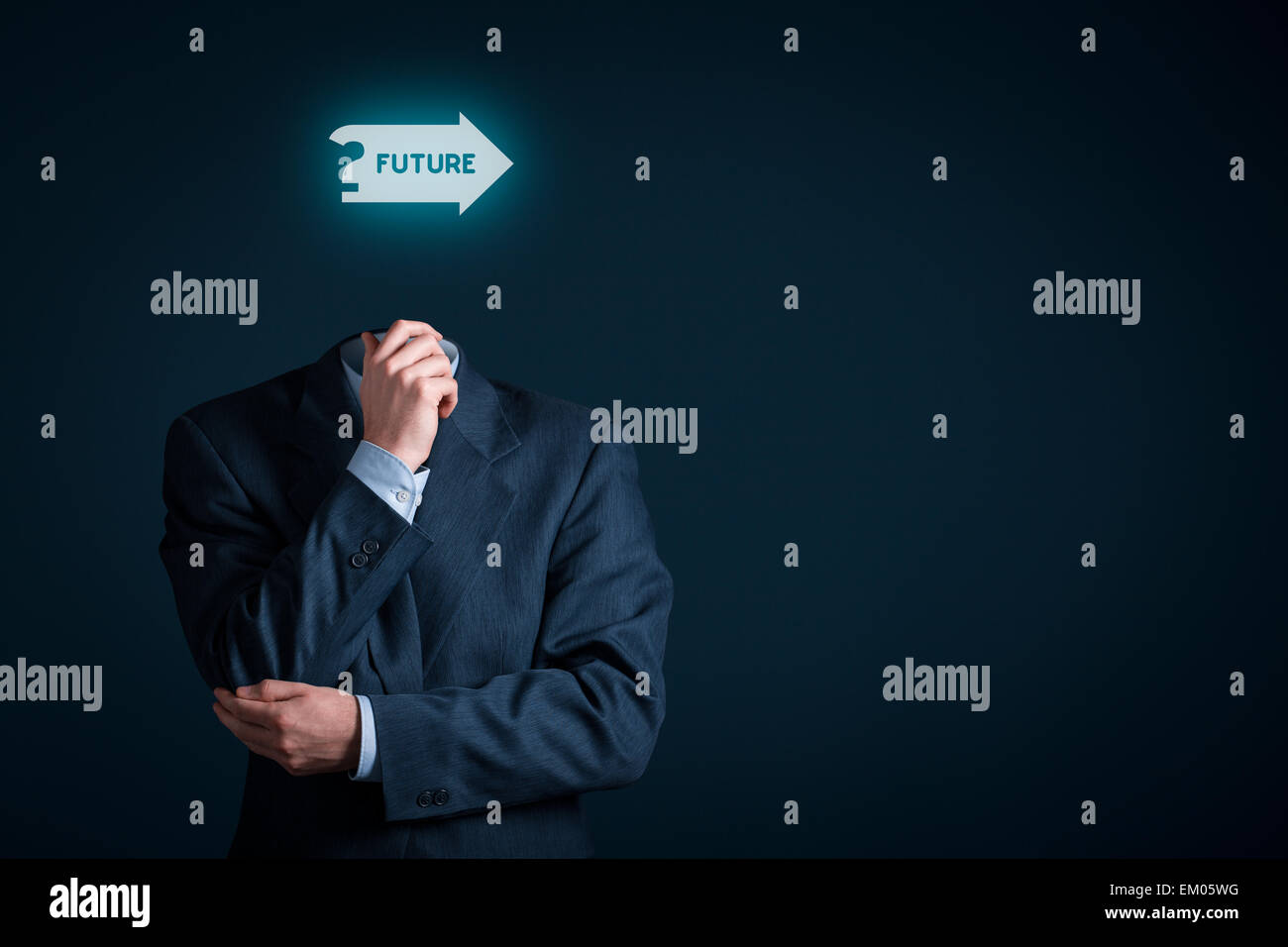 Think about the future in business. Businessman with arrow and question ...