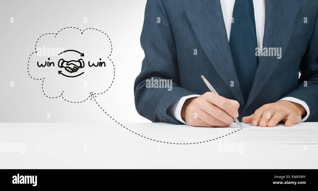 Win-win partnership strategy concept. Businessman sign positive win-win ...