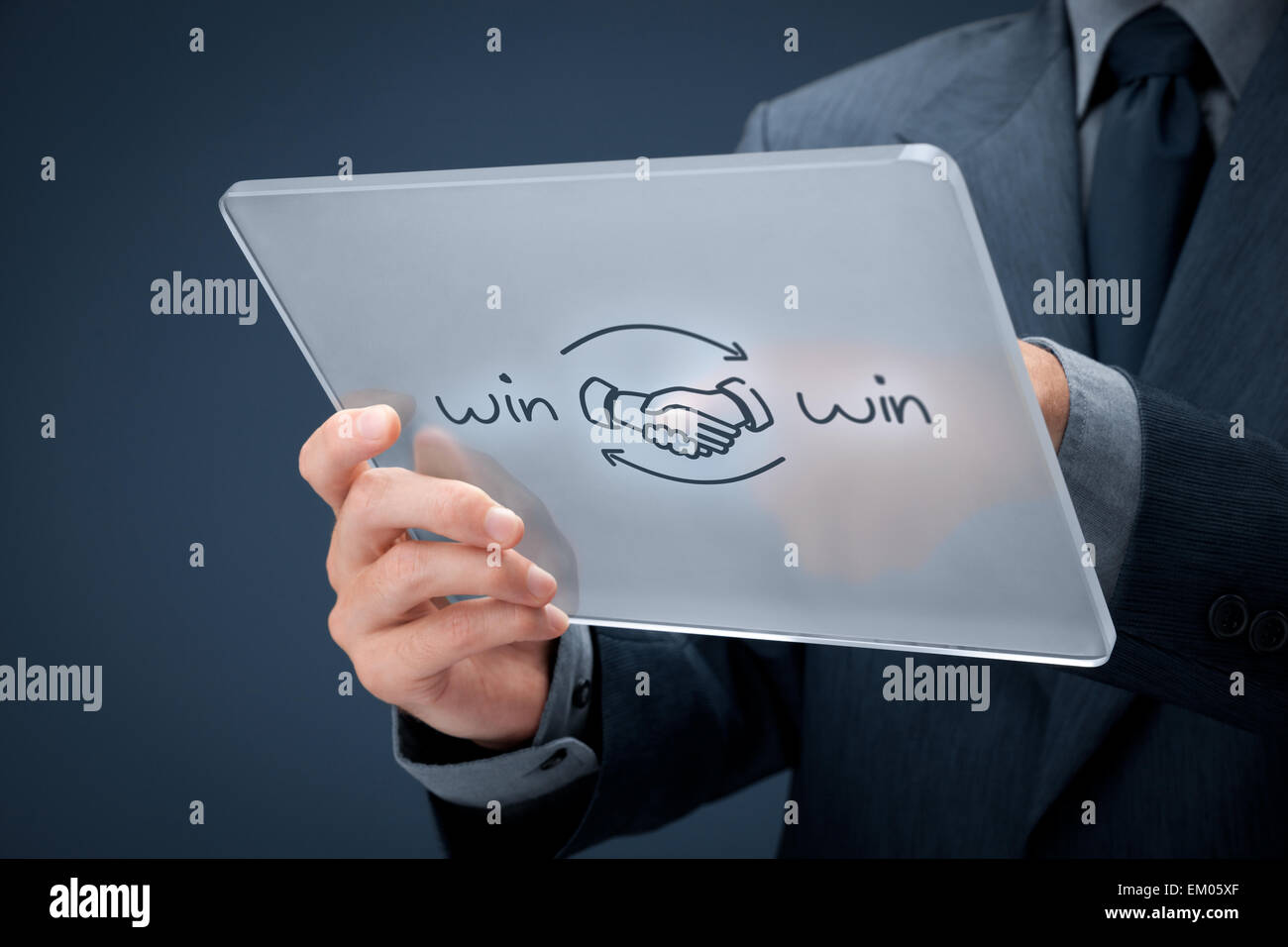 Win-win partnership strategy concept. Businessman click (select) on ...