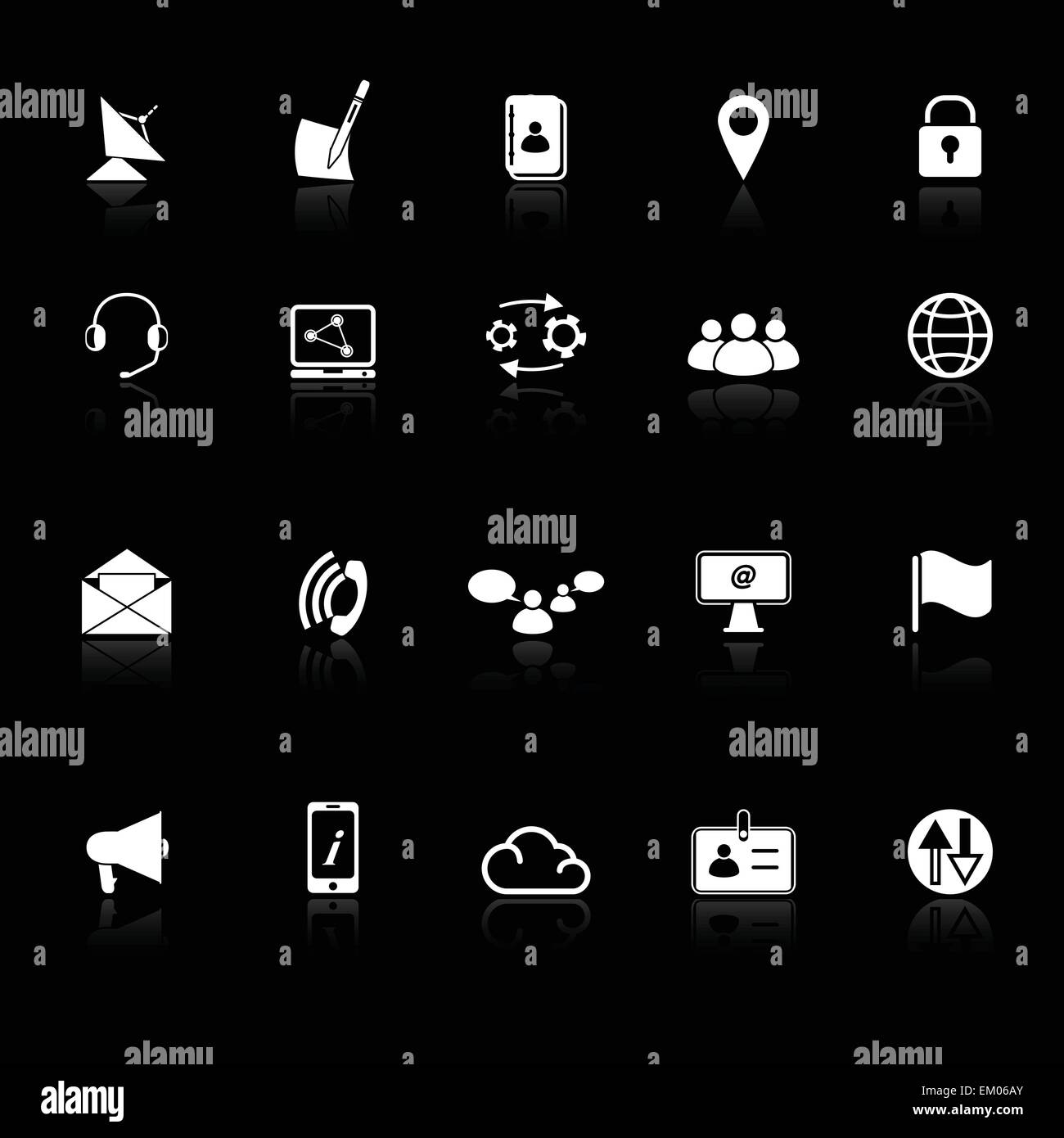 Communication icons with reflect on black background, stock vector ...