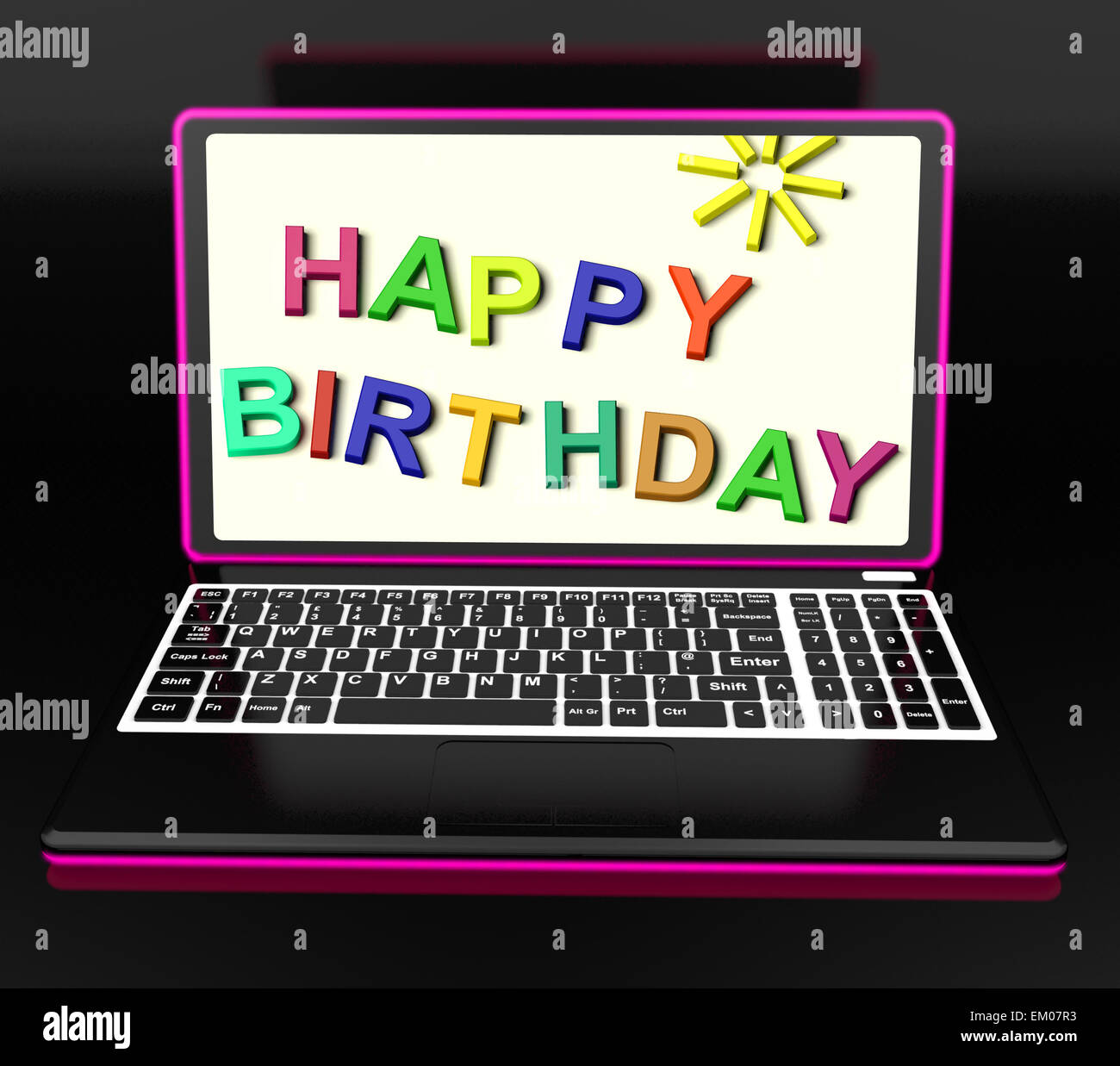 Happy Birthday On Laptop Shows Online Greetings Stock Photo - Alamy