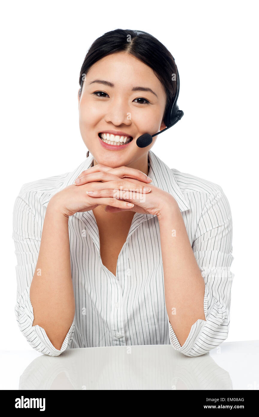 Cute asian female as help desk operator Stock Photo - Alamy