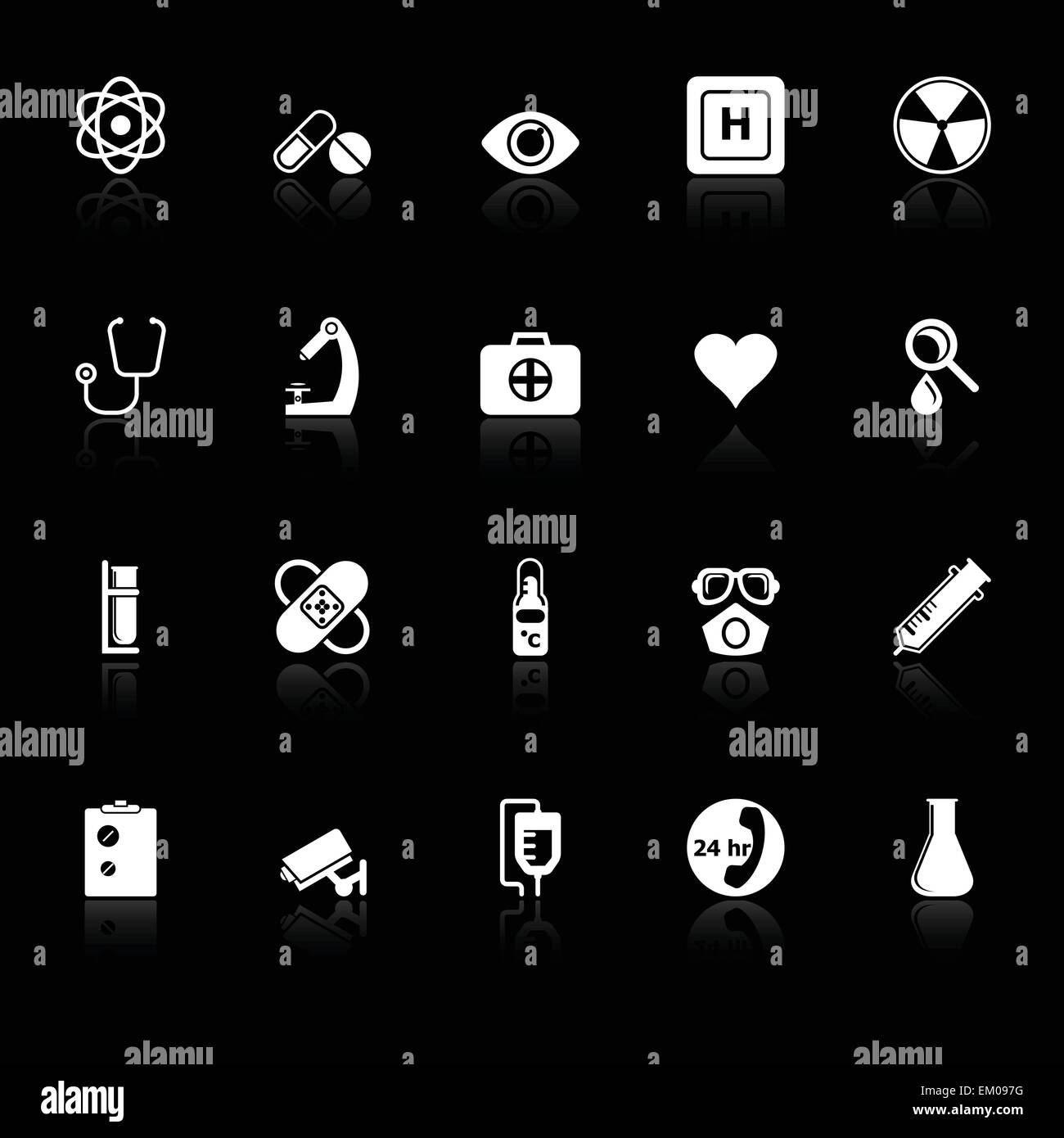 General hospital icons with reflect on black background, stock vector ...