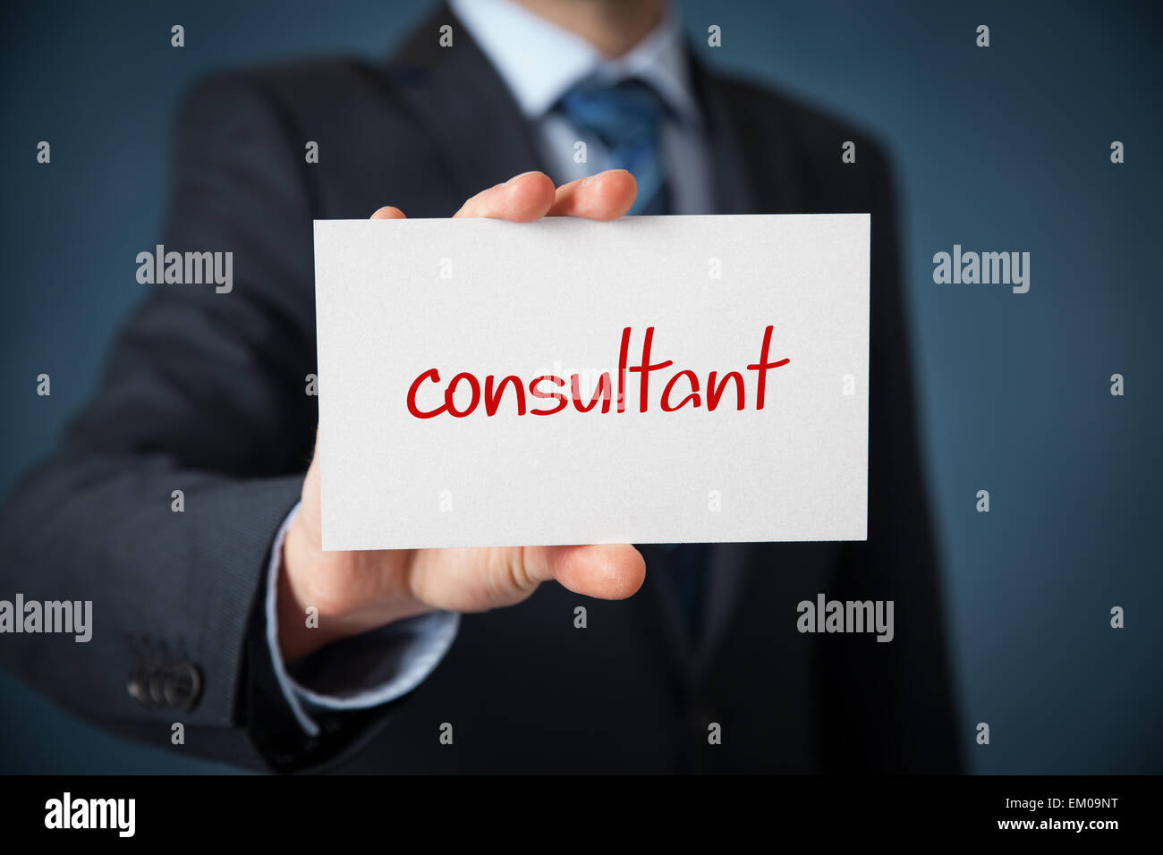 Consultant advertisement concept. Man show card with text consultant ...