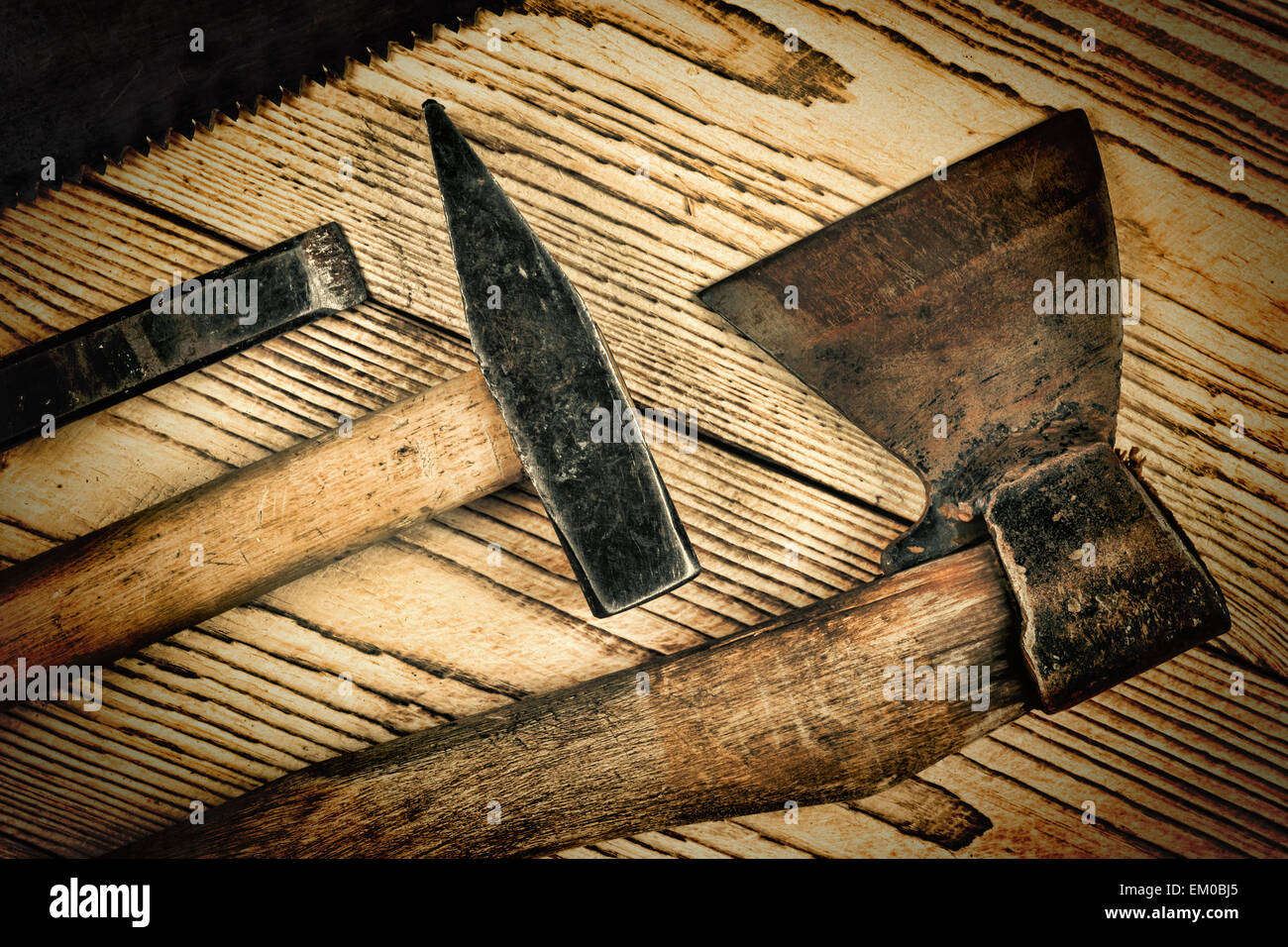 Old carpentry tools on a wooden background Stock Photo - Alamy