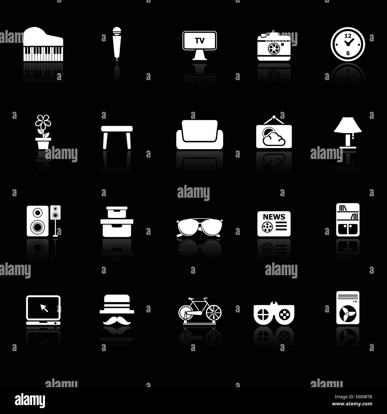 Living room icons with reflect on black background, stock vector Stock ...