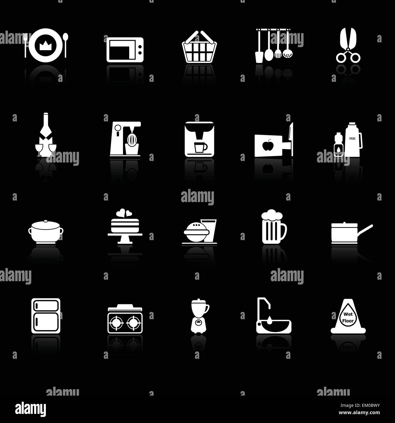 Home kitchen icons with reflect on black background, stock vector Stock ...