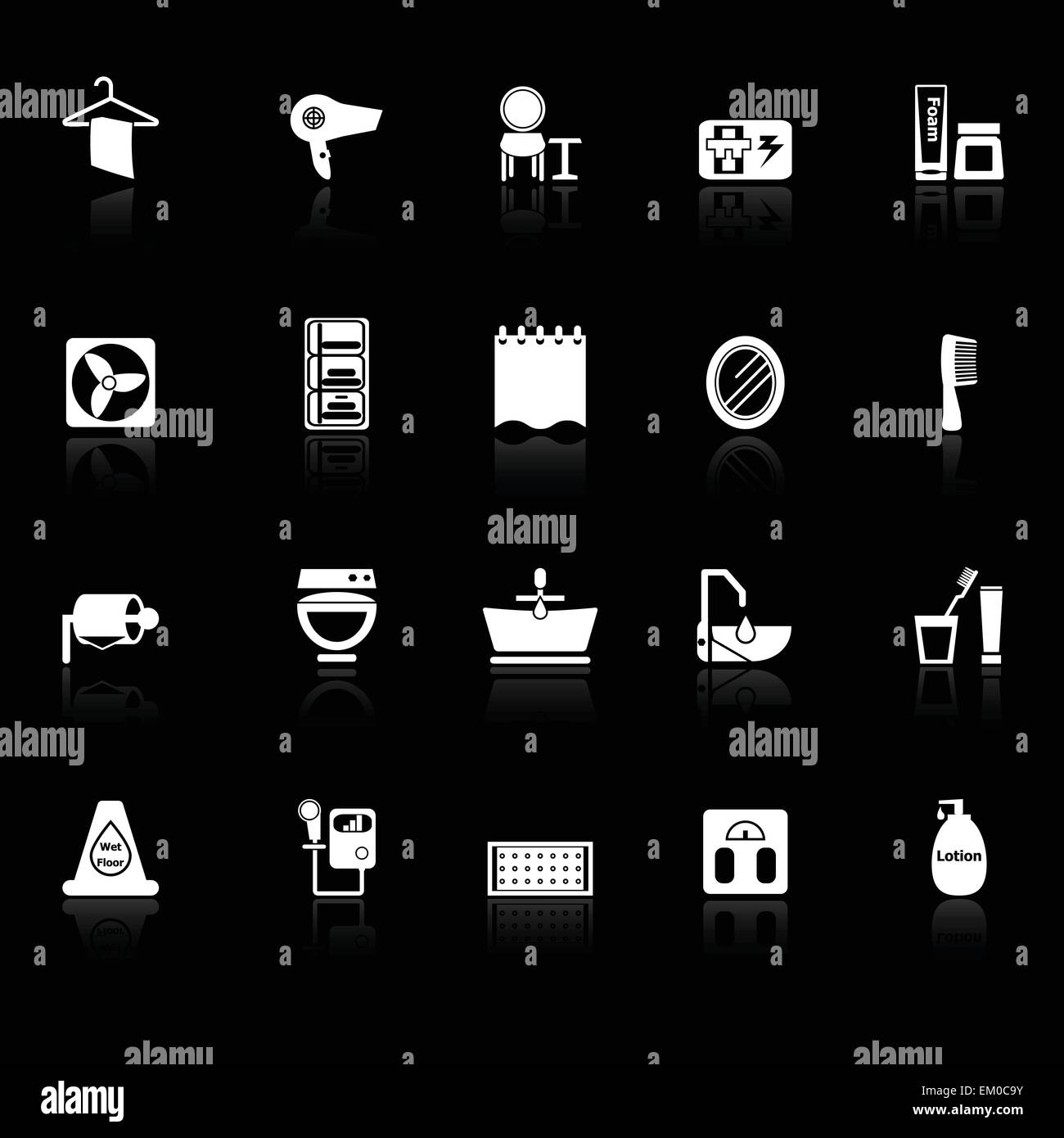 Bathroom icons with reflect on black background, stock vector Stock ...