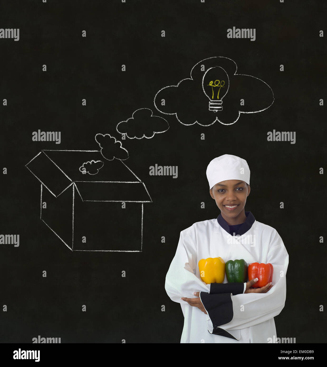 African woman chef thinking out the box chalk concept blackboard ...