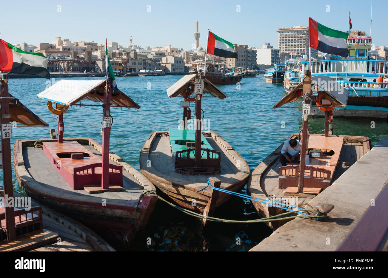 Traditional Abra ferries at the creek in Dubai, United Arab Emirates ...