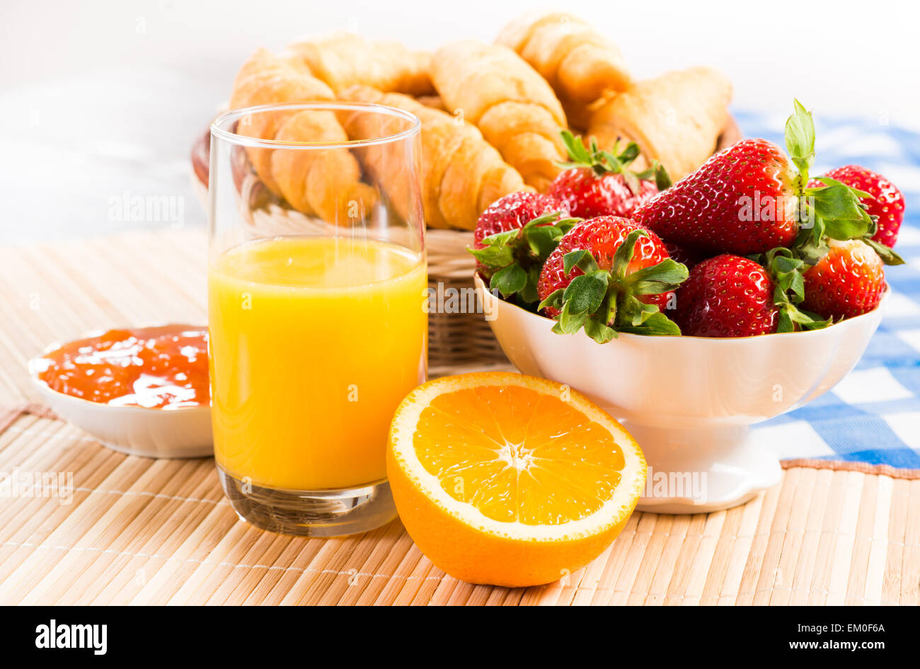 early breakfast, juice, croissants and jam Stock Photo - Alamy