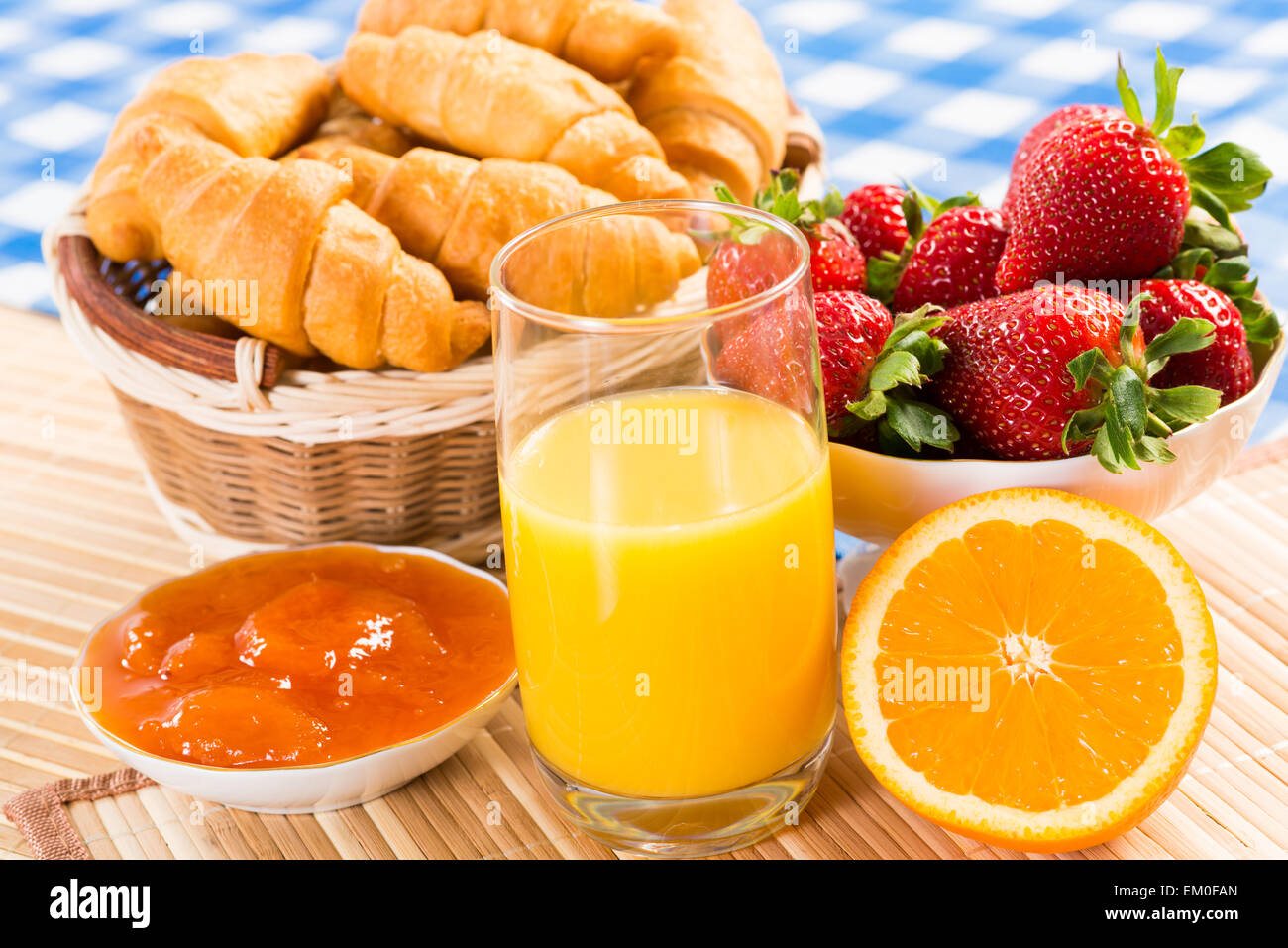 early breakfast, juice, croissants and jam Stock Photo - Alamy