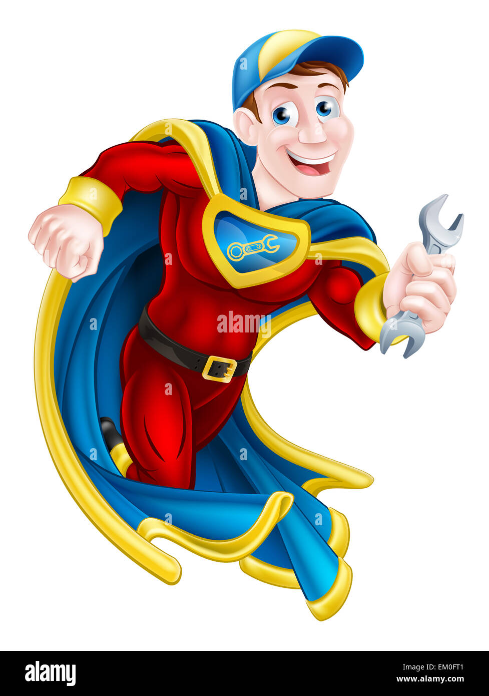 Illustration of a cartoon mechanic or plumber superhero mascot holding ...