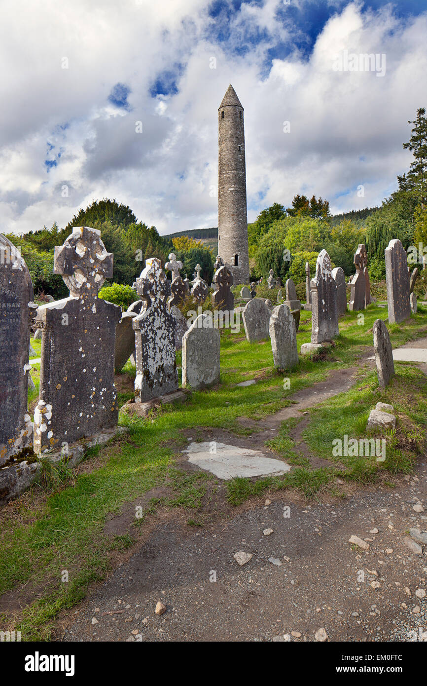 Round Tower And Cemetery; Glendalough County Wicklow Ireland Stock ...