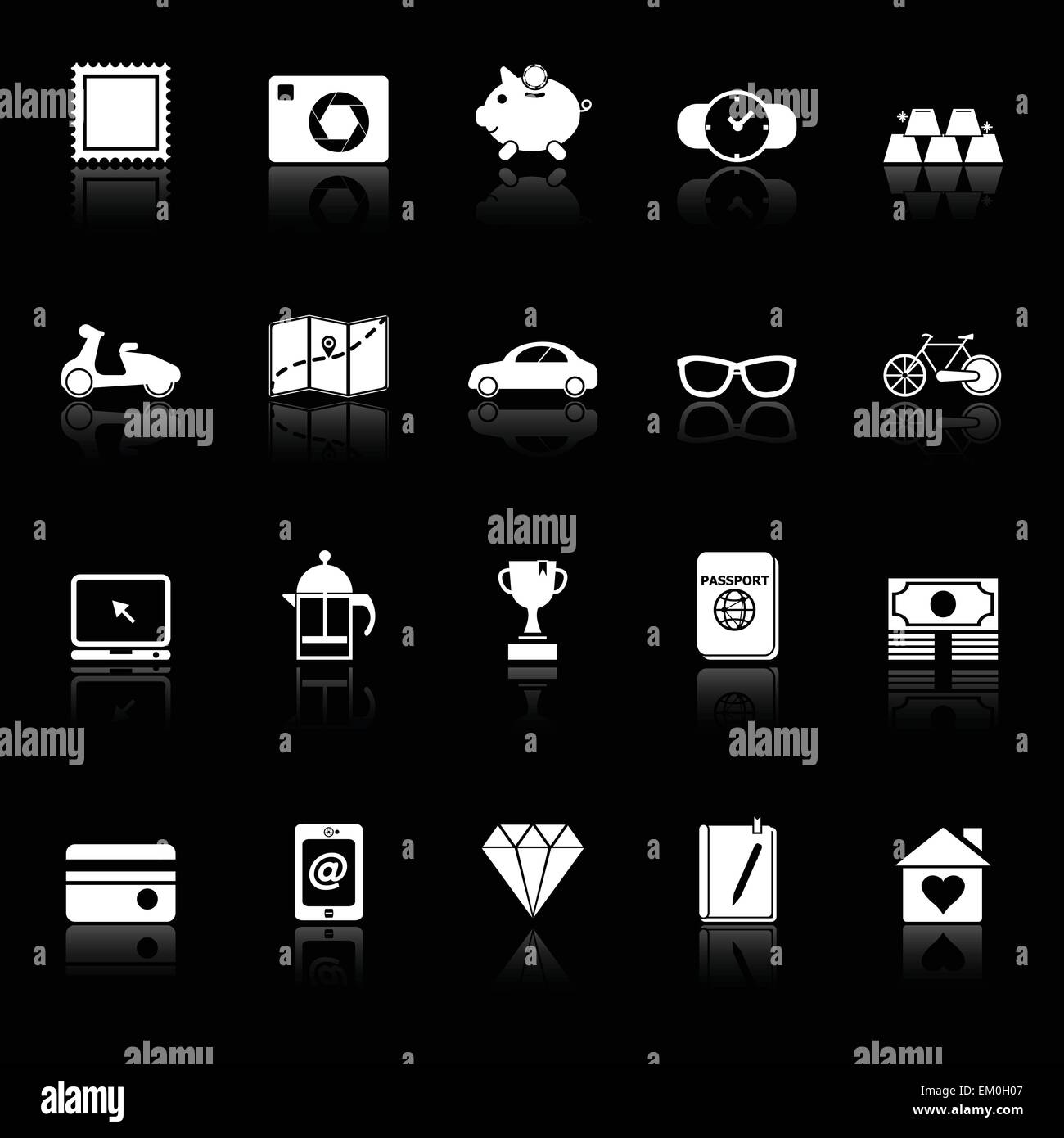 The useful collection icons with reflect on black background, stock ...